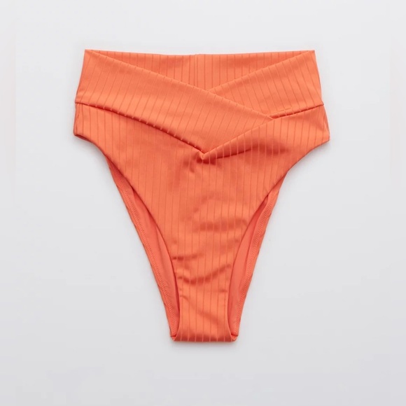 aerie | Swim | Ribbed Shine Crossover High Cut Cheeky Bikini Bottom In ...